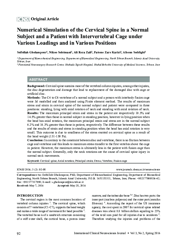 (PDF) Numerical Simulation of the Cervical Spine in a Normal Subject ...