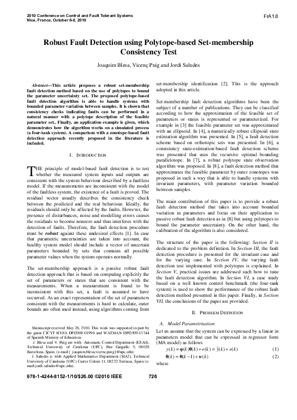 Pdf Robust Fault Detection Using Polytope Based Set Membership Consistency Test Vicenç Puig