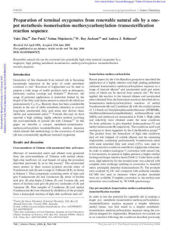(PDF) Preparation of terminal oxygenates from renewable natural oils by ...