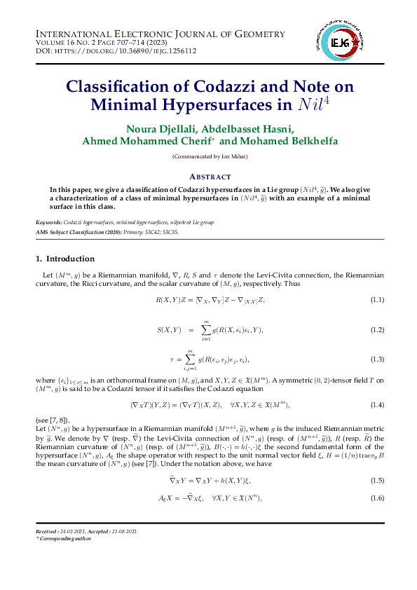 (PDF) Classification of Codazzi and Note on Minimal Hypersurfaces in $Nil^{4}$