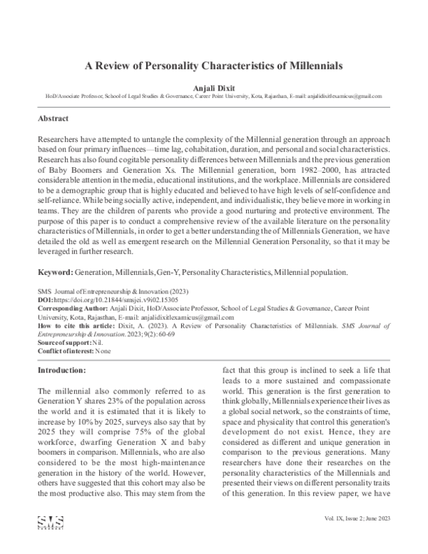 (PDF) A Review of Personality Characteristics of Millennials