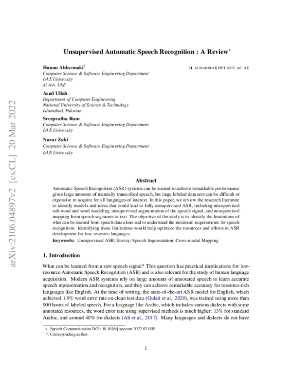(PDF) Unsupervised Automatic Speech Recognition: A review