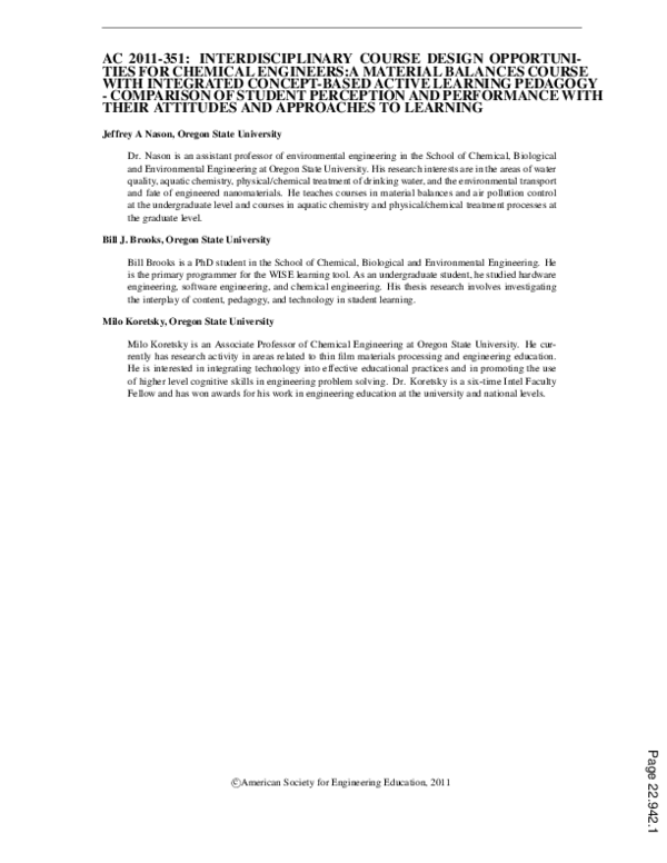 (PDF) Interdisciplinary Course Design Opportunities for Chemical Engineers: A Material Balances ...