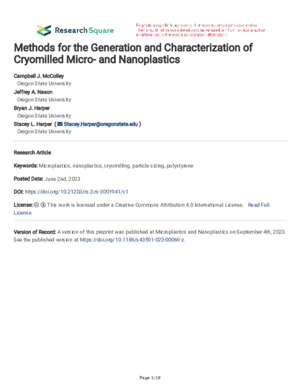 (PDF) Methods for the Generation and Characterization of Cryomilled Micro- and Nanoplastics