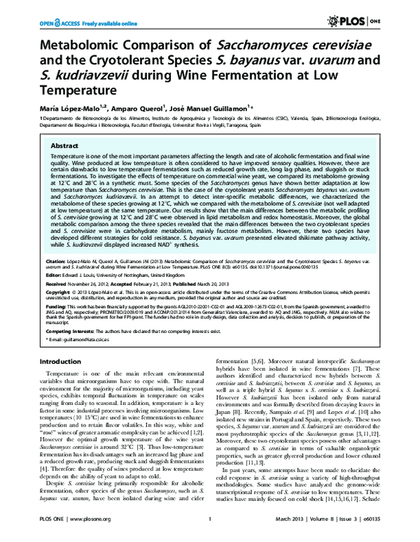 (PDF) Metabolomic Comparison of Saccharomyces cerevisiae and the ...