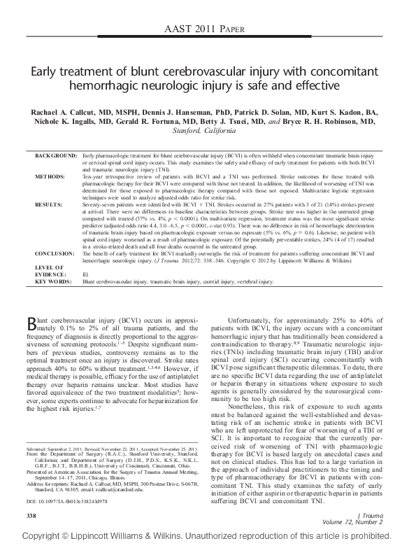 (PDF) Early treatment of blunt cerebrovascular injury with concomitant ...