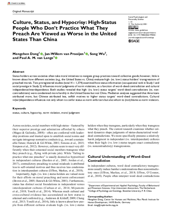 (PDF) Culture, Status, and Hypocrisy: High-Status People Who Don’t ...
