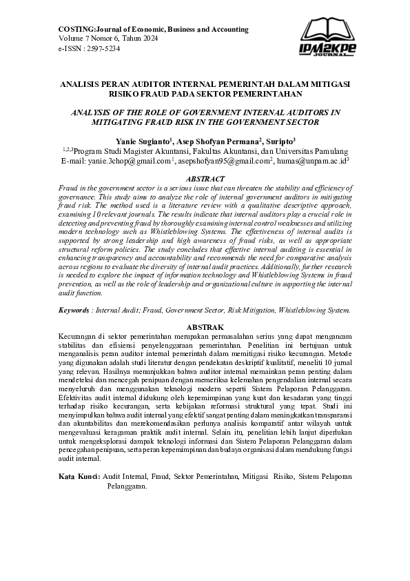 (PDF) ANALISIS PERAN AUDITOR INTERNAL PEMERINTAH DALAM MITIGASI RISIKO FRAUD PADA SEKTOR ...