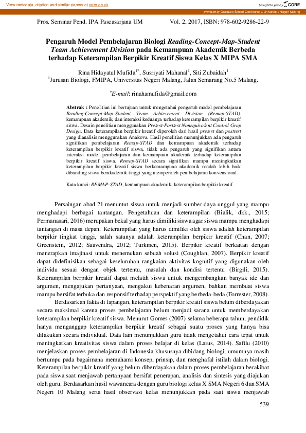 (PDF) Pengaruh Model Pembelajaran Biologi Reading-Concept Map-Numbered Heads Together dan Gender ...