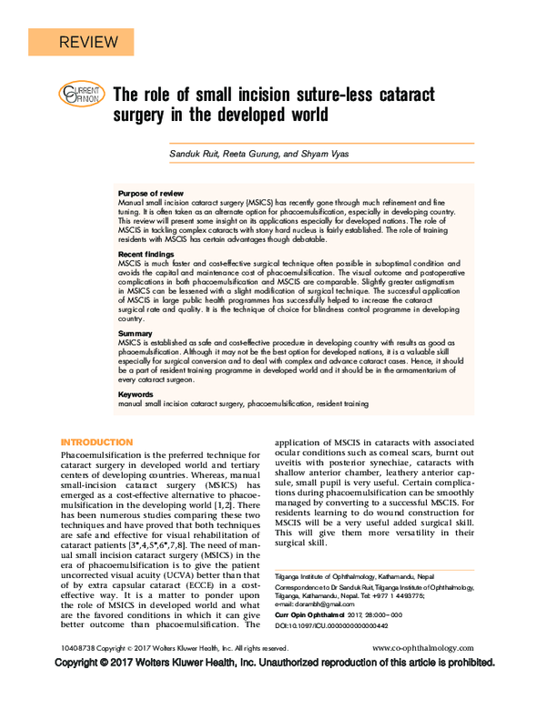 (PDF) The role of small incision suture-less cataract surgery in the ...