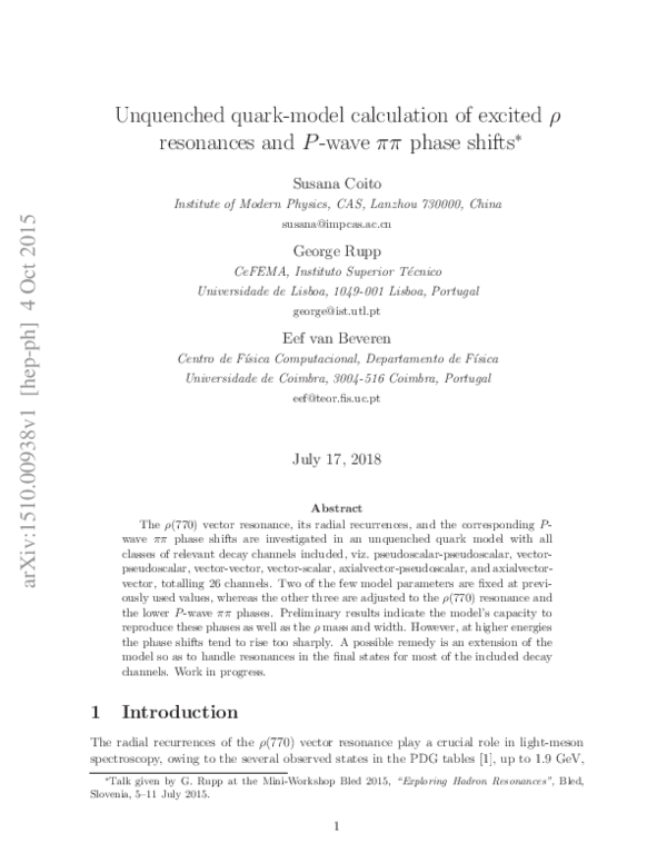 (PDF) Unquenched quark-model calculation of excited $\rho$ resonances ...