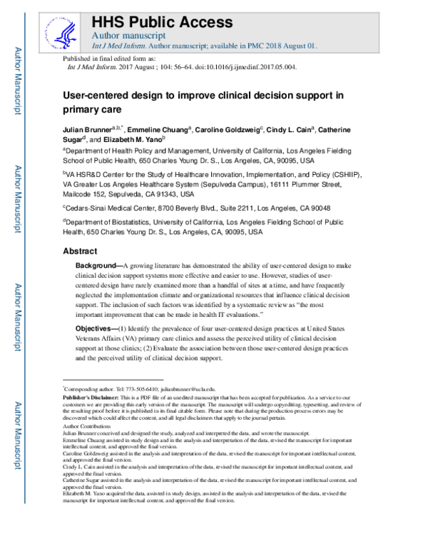 (PDF) User-centered design to improve clinical decision support in primary care | Catherine ...