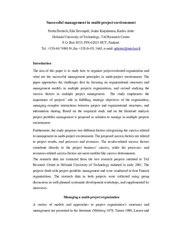 (PDF) Successful management in multi-project environment
