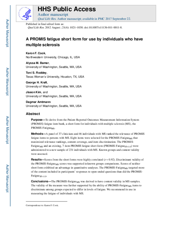 (PDF) A PROMIS fatigue short form for use by individuals who have ...
