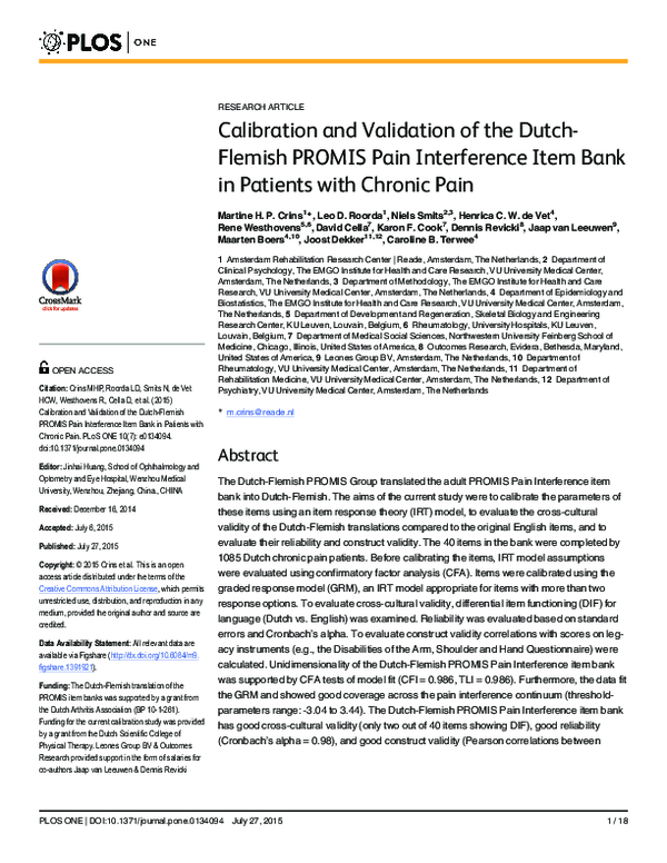 (PDF) Calibration and Validation of the Dutch-Flemish PROMIS Pain ...