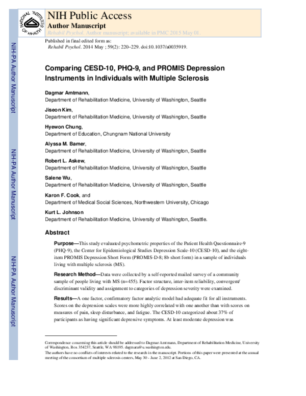 (PDF) Comparing CESD-10, PHQ-9, and PROMIS depression instruments in ...
