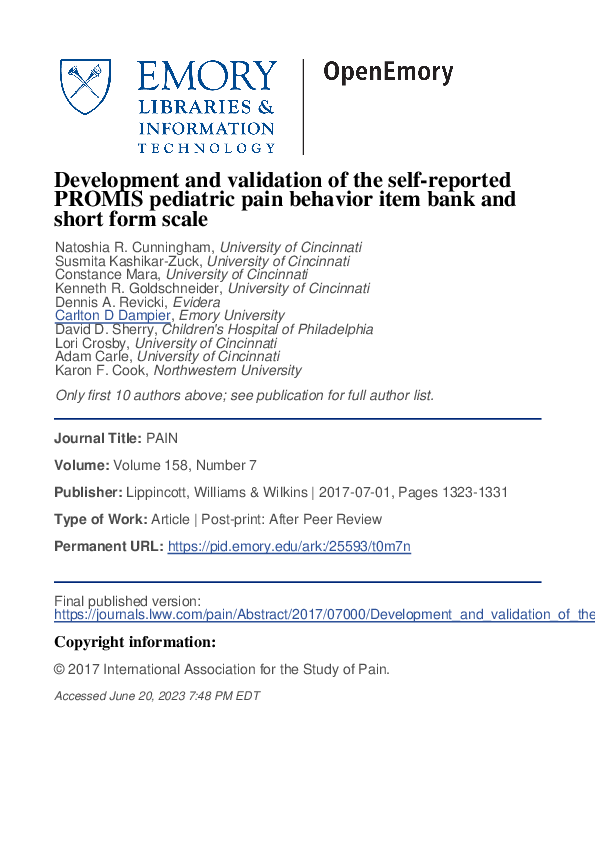 (PDF) Development and validation of the self-reported PROMIS pediatric ...