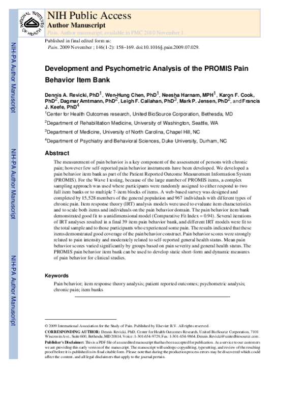 (PDF) Development and psychometric analysis of the PROMIS pain behavior ...