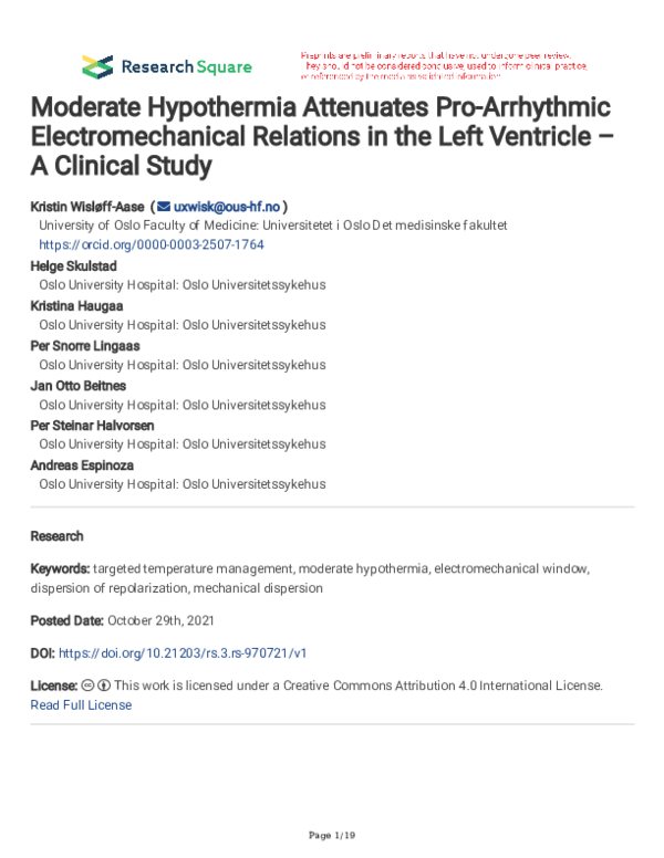 (PDF) Moderate Hypothermia Attenuates Pro-Arrhythmic Electromechanical ...
