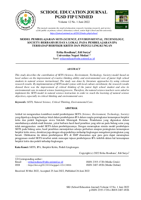 (PDF) Model Pembelajaran Sets (Science, Environmental, Technology, Society) Berbasis Budaya ...