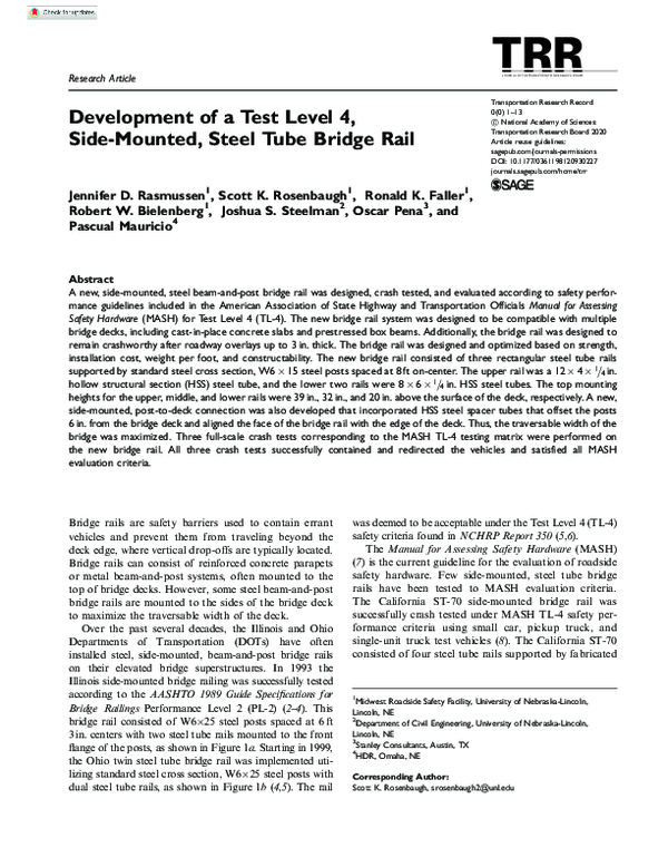 (PDF) Development of a Test Level 4, Side-Mounted, Steel Tube Bridge Rail