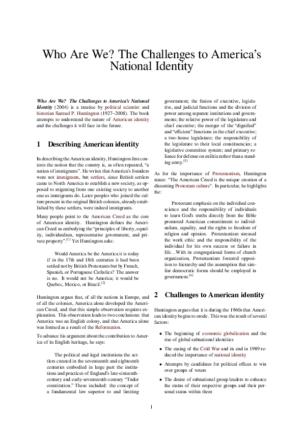 (PDF) Who Are We? The Challenges to America's National Identity