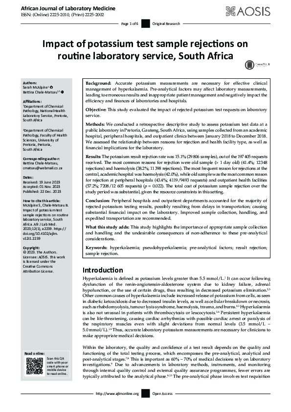 (PDF) Impact of potassium test sample rejections on routine laboratory ...