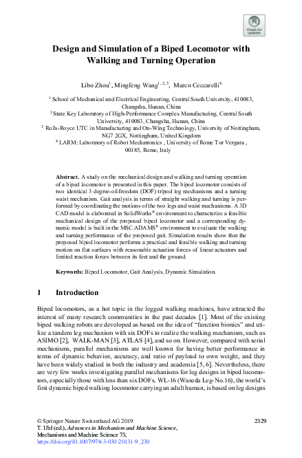 (PDF) Design and Simulation of a Biped Locomotor with Walking and Turning Operation