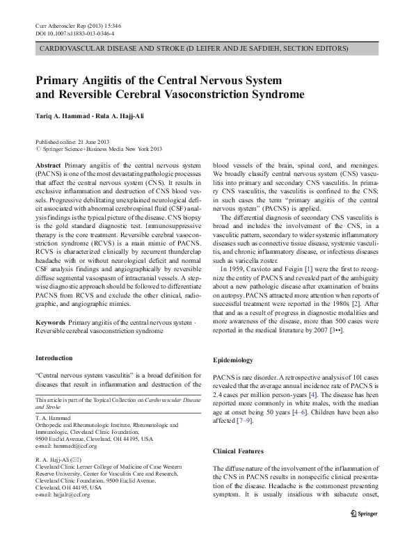 (PDF) Primary Angiitis of the Central Nervous System and Reversible ...