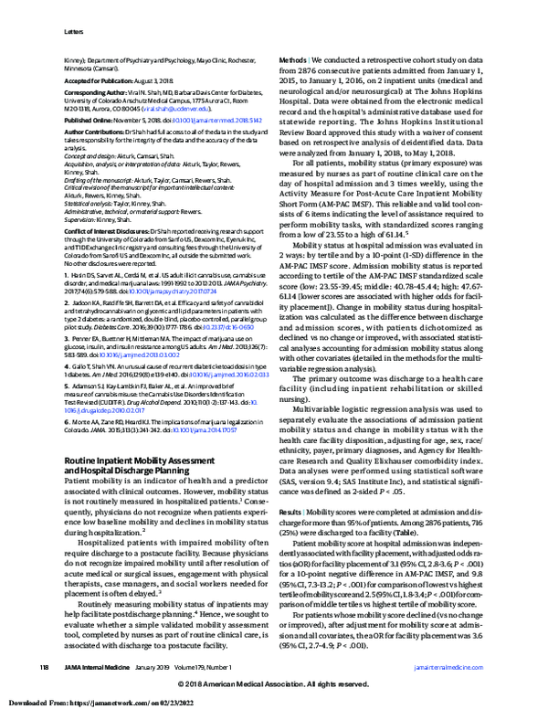 (PDF) Routine Inpatient Mobility Assessment and Hospital Discharge Planning