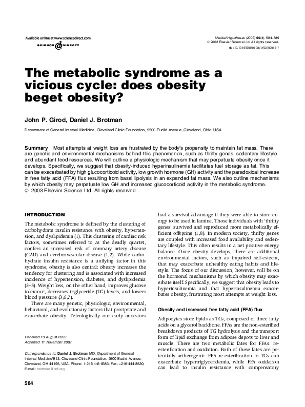 (PDF) The metabolic syndrome as a vicious cycle: does obesity beget ...