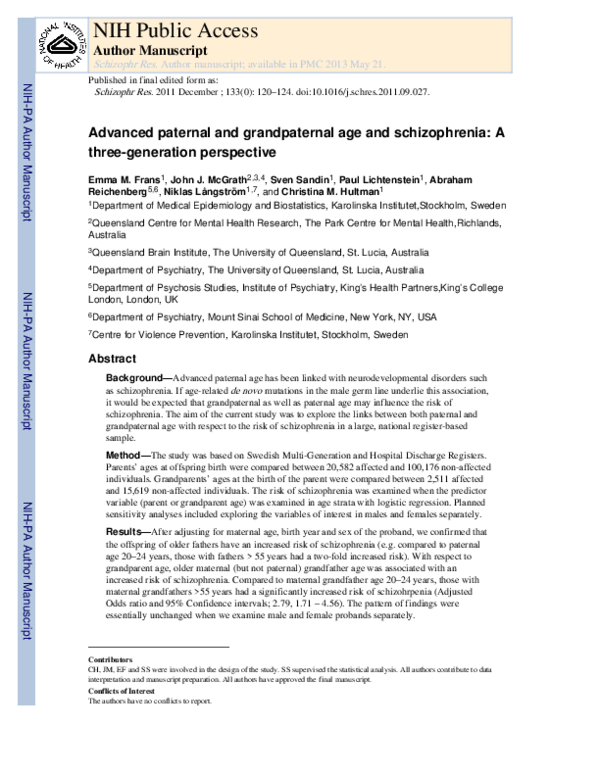 (PDF) Advanced paternal and grandpaternal age and schizophrenia: A ...