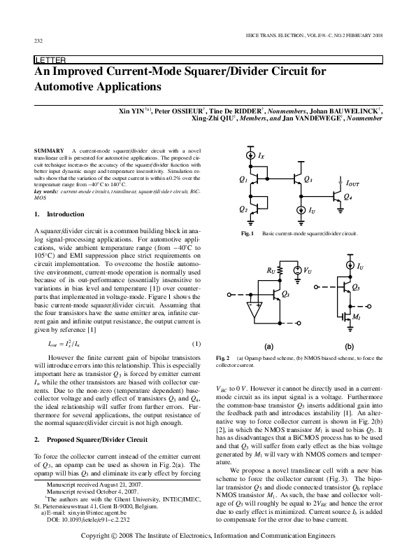 (PDF) An Improved Current-Mode Squarer/Divider Circuit for Automotive Applications
