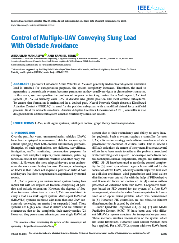 (PDF) Control of Multiple-UAV Conveying Slung Load With Obstacle Avoidance