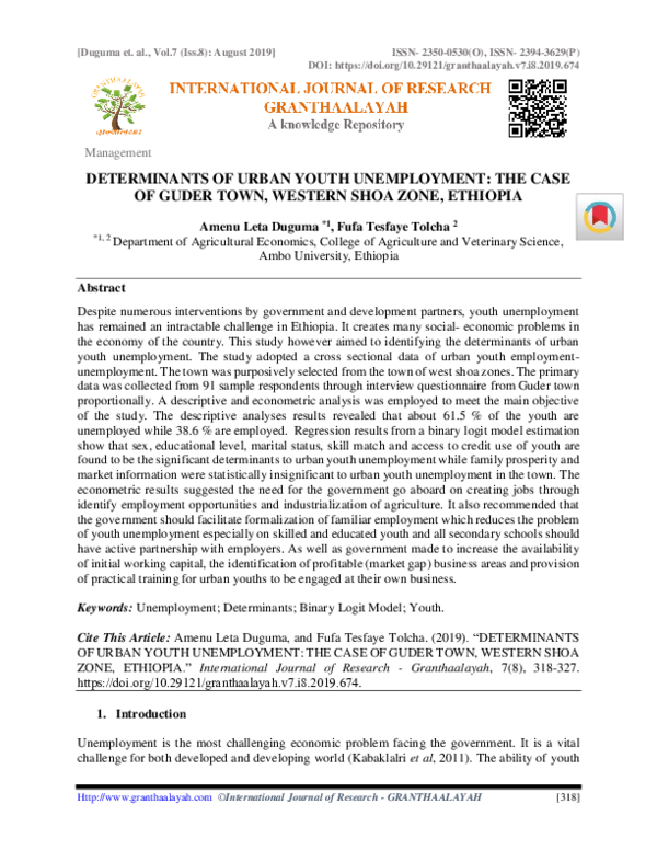 (PDF) Determinants of Urban Youth Unemployment: The Case of Guder Town ...