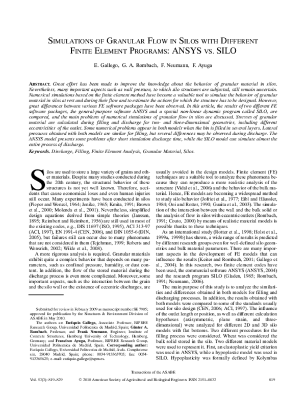 (PDF) Simulations of Granular Flow in Silos with Different Finite Element Programs: ANSYS vs. SILO