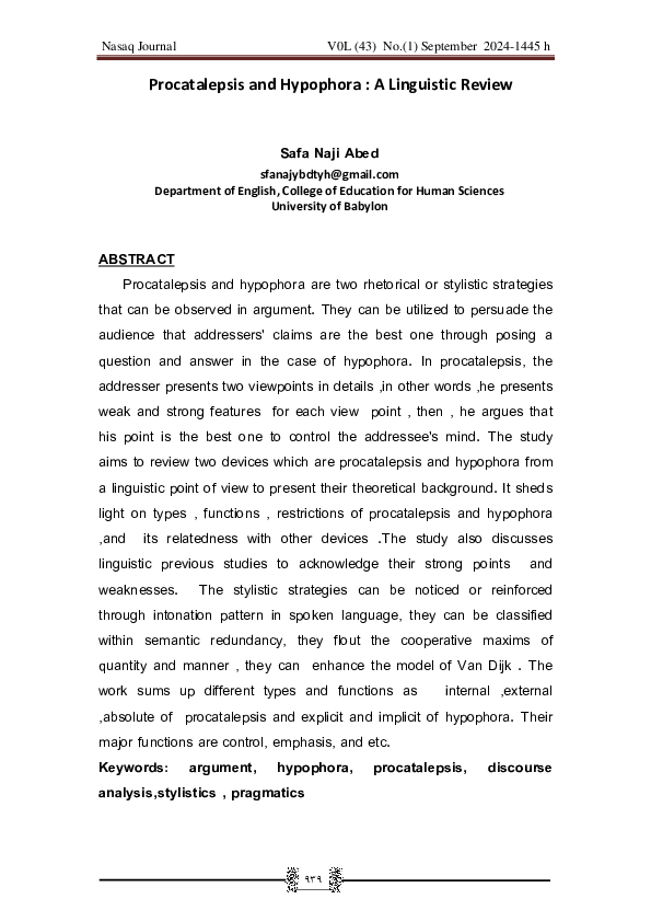 (PDF) Procatalepsis and Hypophora : A Linguistic Review