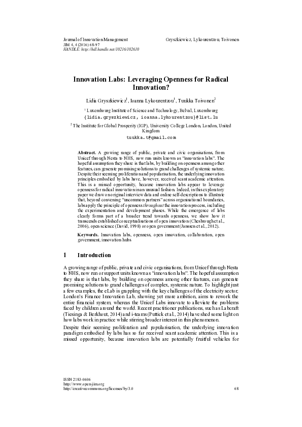 (PDF) Innovation Labs: Leveraging Openness for Radical Innovation