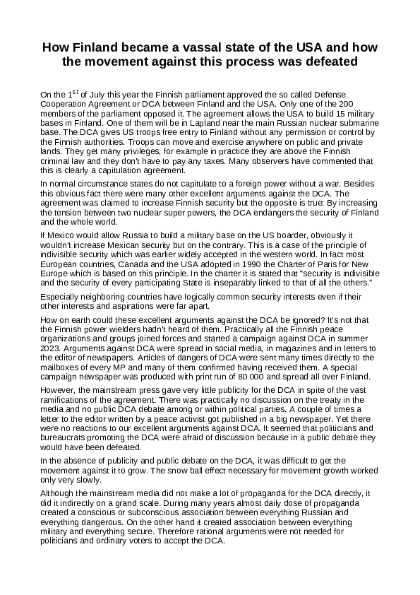 (PDF) How Finland became a vassal state of the USA and how the movement against this process was ...