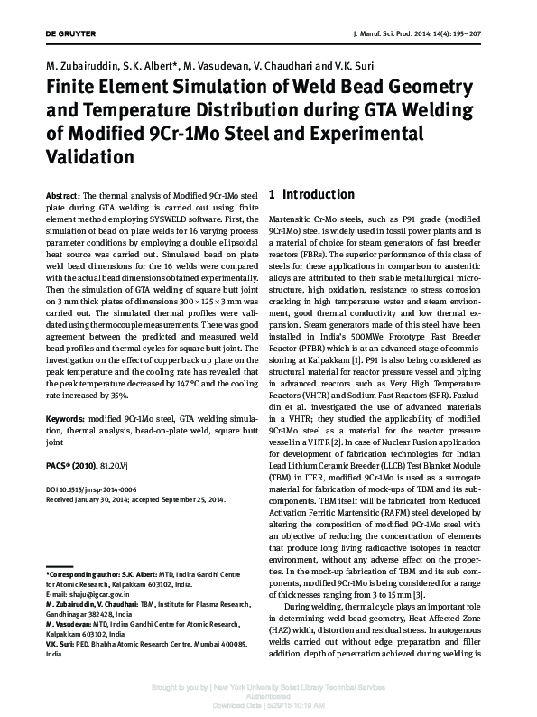 (PDF) Finite Element Simulation of Weld Bead Geometry and Temperature Distribution during GTA ...