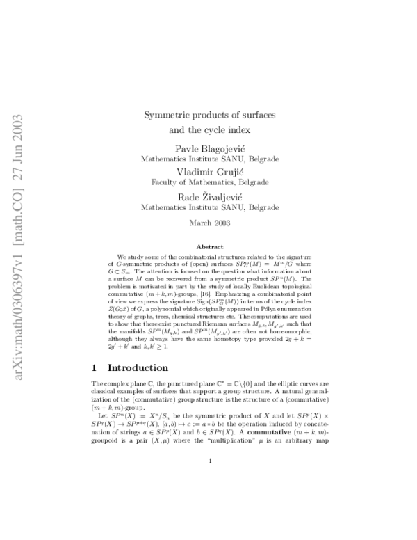 (PDF) Symmetric products of surfaces and the cycle index