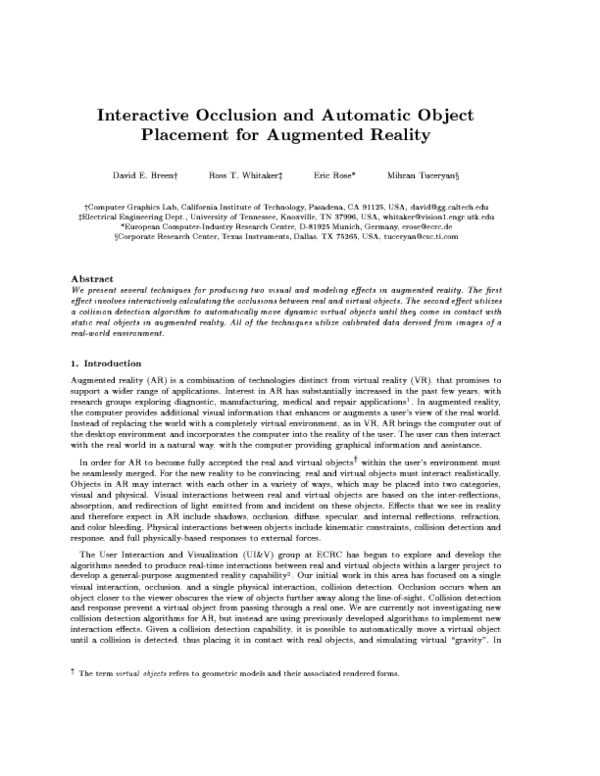 Pdf Interactive Occlusion And Automatic Object Placement For Augmented Reality