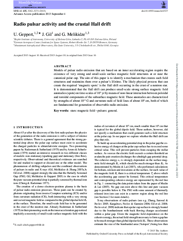 (PDF) Radio pulsar activity and the crustal Hall drift