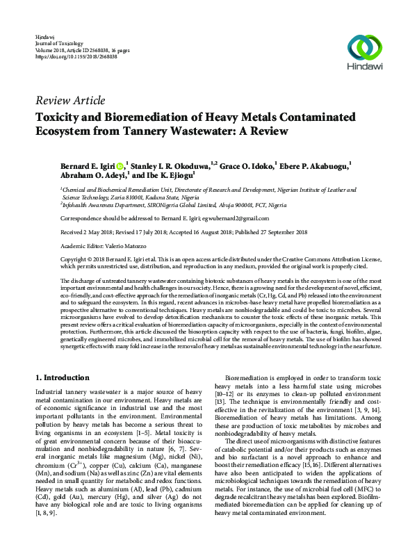 (PDF) Toxicity and Bioremediation of Heavy Metals Contaminated Ecosystem from Tannery Wastewater ...
