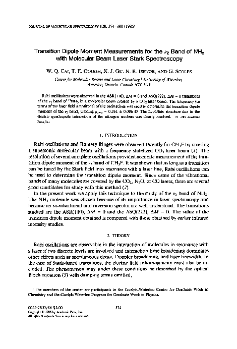 (PDF) Transition dipole moment measurements for the ν2 band of NH3 with molecular beam laser ...