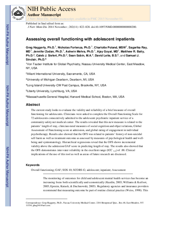 (PDF) Assessing Overall Functioning With Adolescent Inpatients
