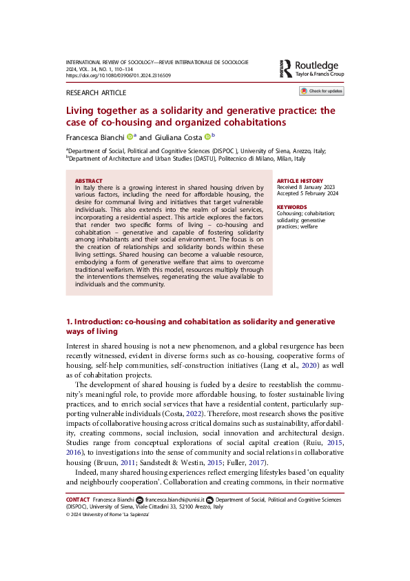 (PDF) Living together as a solidarity and generative practice: the case of co-housing and ...