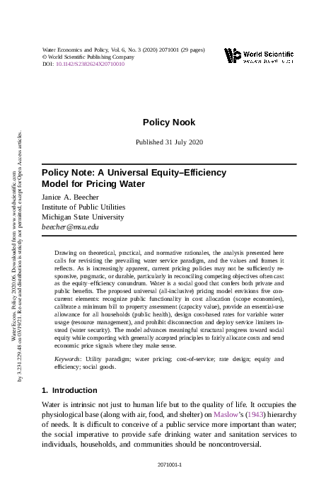 (PDF) Policy Note: A Universal Equity–Efficiency Model for Pricing Water