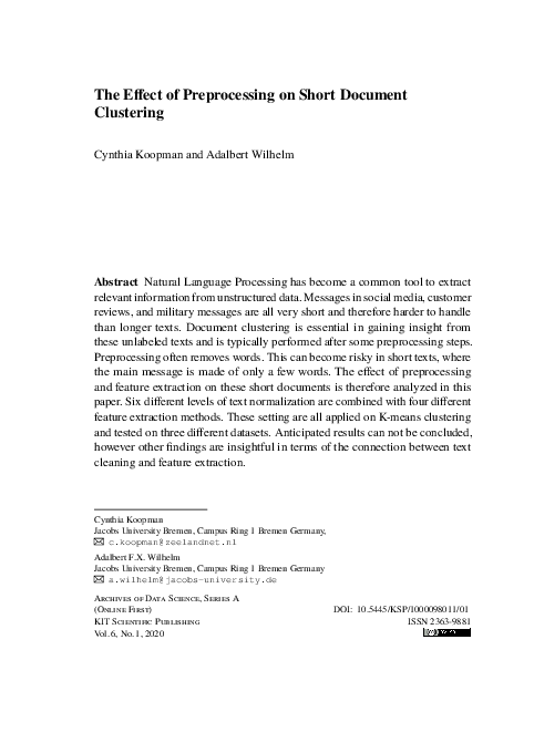 Pdf Impact Of Preprocessing On Short Text Clustering
