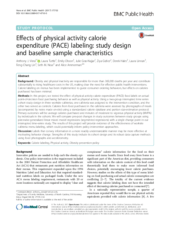 (PDF) Effects of physical activity calorie expenditure (PACE) labeling ...